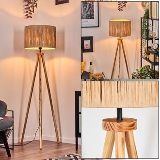 HOFSTEIN Stehleuchte Granja, Stehlampe mit Holzfuß und Schirm aus Bast, E27, skandinavisches Design, Boho-Style, Höhe 153cm, Ø 40cm, Fußschalter - Wohnzimmer, 