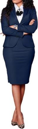 Minetom Tailleur Femme Ensemble de Costume 2 Pièces Manches Longues Veste Blazer et Jupe Crayon Elégant Formel Bureau Travail Slim Fit Ensemble A Bleu XL