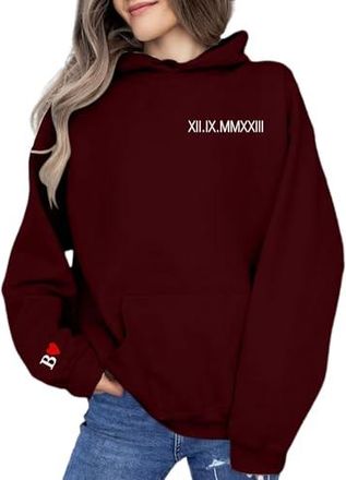 Generic Sweat &agrave; capuche brod&eacute; personnalis&eacute; avec chiffres romains pour couple initiale sur manche anniversaire ann&eacute;e personnalis&eacute; date Saint-Valentin vin