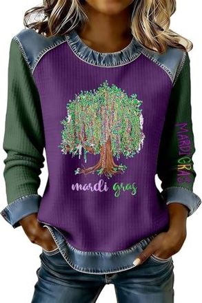 Generic Sweat-shirt &agrave; col rond pour femme - Motif r&eacute;tro - Doux - Manches longues - Pour tous les jours - Col rond, Vert, XXL