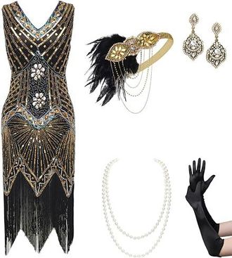 Babeyond Robes de soirée pour Femmes - Robe Gatsby des années 1920 avec col en V et Perles et Franges, Ensemble - Doré, XX-Large