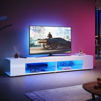 Sonni Modern tv Schrank mit LED-Lichtern, Offenes Glasregal, Hochglanz tv Board Geeignet für Wohnzimmer und Schlafzimmer, Weiß, 1800 x 390 x 300 mm - Sonni