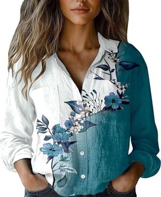 Generico Chemise Femme D&eacute;contract&eacute; &agrave; Manches Longues Chemises en Lin Coton &Eacute;l&eacute;gant Respirant T Shirt Col en V L&eacute;ger Chemisier Vintage Fantaisie avec Boutons Cl