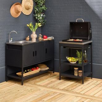 Sweeek Cuisine ext&eacute;rieure Naxos 2 modules acier inoxydable noir barbecue au charbon avec &eacute;vier