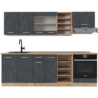 Vicco Komplettk&uuml;che R-Line, Schwarz Beton/Goldkraft Eiche, 240 cm ohne Arbeitsplatte