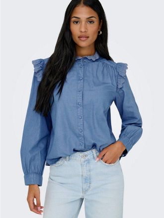 Only Jeansbluse ONLPIPER L/S EMB FRILL DNM SHIRT QYT mit R&uuml;schen