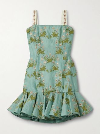 Agua Bendita Tumbao Orquidea Minikleid Aus Leinen Mit Rüschen, Stickereien Und Applikationen - Grün