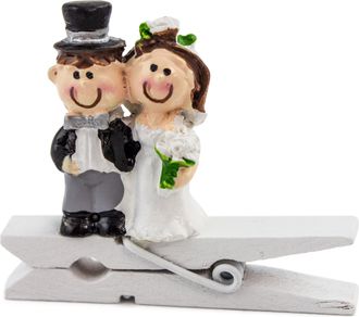 Brubaker 6er Set Mini Holz Wäscheklammern mit Hochzeitspaar - Tischklammern - Tischkartenhalter - Hochzeitsdeko - für Hochzeit, Verlobung