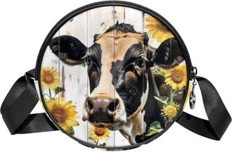 Generic Sac &agrave; bandouli&egrave;re rond pour femme, motif vache et tournesol avec fermeture &eacute;clair et bretelles r&eacute;glables