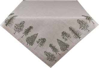 Clayre & Eef Tischdecke 150x150 cm Beige Gr&uuml;n Baumwolle Quadrat Tannenb&auml;ume