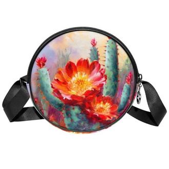 Generic Sac &agrave; bandouli&egrave;re rond pour femme, motif cactus rouge, petit sac &agrave; bandouli&egrave;re avec fermeture &eacute;clair, bretelles r&eacute;glables, sac &agrave; main rond d&eacute;contract&eacute;