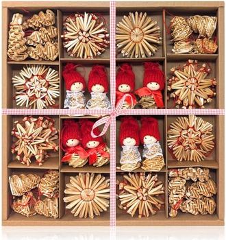 Com-Four Ensemble d&eacute;toiles en Paille de 56 pi&egrave;ces - &eacute;toiles, Cloches, sapins et Figures Traditionnelles darbre de No&euml;l - Petits pendentifs en Paille comme d&eacute;co