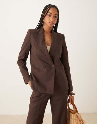 Mango Blazer densemble en lin &agrave; double boutonnage - Chocolat-Marron