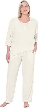 Ulla Popken Pyjama pour Femme, Broderie perforée, col Rond, pli décoratif, Pyjama à Manches 3/4, Blanc crème, 44-46