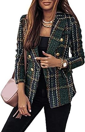 Onsoyours Femme Blazer &agrave; Carreaux &Eacute;l&eacute;gant Manches Longues Slim Fit OL Bureau Affaires Veste De Costume Devant Ouvert Manteau Cardigan Blouson Jacket A Arm&eacute;e Ver