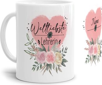 Tassendruck Lehrerin-Tasse - Weltliebste Lehrerin - mit Name personalisieren, Abschiedsgeschenk Lehrerin, persönliches Geschenk | 300ml, Weiß