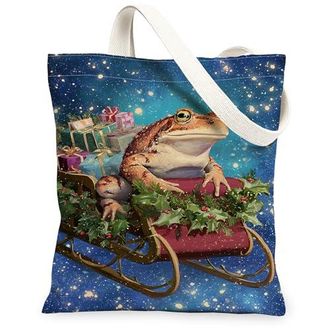 Generic Sacs fourre-tout en toile motif amphibien de No&euml;l, motif animal mignon, sacs d&eacute;picerie r&eacute;utilisables, festifs, l&eacute;gers et lavables, toile pour voyage, 