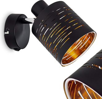 HOFSTEIN Wandleuchte Bathinda, verstellbare Wandlampe aus Metall/Kunststoff in Schwarz/Gold, 1-flammig, 1 x E14, Retro/Vintage Wandspot in Gitter-Optik mit An-