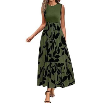 Generic Robe d&eacute;t&eacute; pour femme - Imprim&eacute; floral - Manches courtes - Robe maxi patchwork &agrave; volants - Robe trap&egrave;ze, Vert arm&eacute;e., XXL