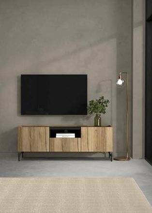 Dmora Fernsehschrank Rochele, St&auml;nder f&uuml;r Wohnzimmerfernseher, Niedriges Wohnzimmer-Sideboard, TV-St&auml;nderbasis, 147x41 h54 cm, Eiche und Schwarz