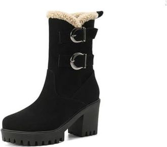 Generic Bottines Femme Doublées en Fausse Fourrure avec Bride À Boucle Dessus en Daim Bout Rond Talons Moyens Blocs À Enfiler Chaussures Hiver Décontractées,N