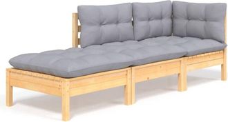 vidaXL Vidaxl - Salon de jardin 3 pi&egrave;ces - Bois de pin massif - Coussins gris confortables - Dimensions canap&eacute; 63,5 x 63,5 x 62,5 cm