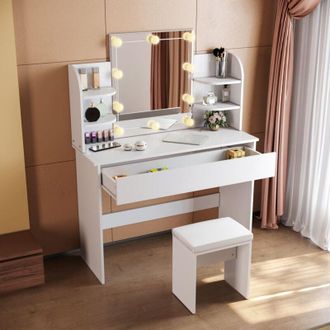 Sonni Schminktisch Weiß mit Led Spiegelleuchte mit Spiegel und Hocker 3 Beleuchtungsmodi und 10 Helligkeiten, Intelligente Speicherfunktion,108x40x140cm