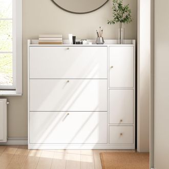 Generic Schuhschrank Wei&szlig; Schuhkipper Schmal mit Ausklappbarer Sitzbank Flurkommode Modern Highboard 3 Klappen & Schublade Schuhregal Geschlossen Shoe Cabinet