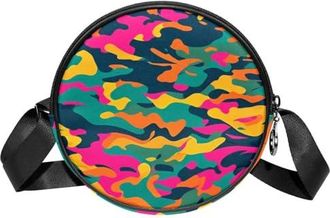 Generic Petit sac &agrave; bandouli&egrave;re rond pour femme, motif camouflage color&eacute;, avec fermeture &eacute;clair, bretelles r&eacute;glables, sac &agrave; main rond d&eacute;contract&eacute; pour femmes 