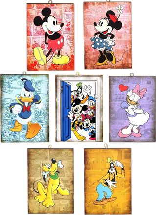 Disney Set mit 7 Gem&auml;lden Mickey Minnie Mouse Doland Daisy Duck Goofy Pluto Vintage-Stil Serie Comics Cartoon zum Sammeln Druck auf Holz 25 x 18 cm