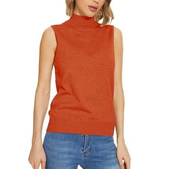 Generic Uwdiohq Hauts sans Manches À Col Montant pour Femmes Pull en Roulé, Gilet Basique Doux, Débardeur Léger Cardigan Chandails Longue Longueur (Orange, XX