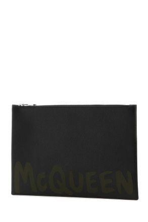 Alexander McQueen Mens Black Leather Clutch Blackkhaki