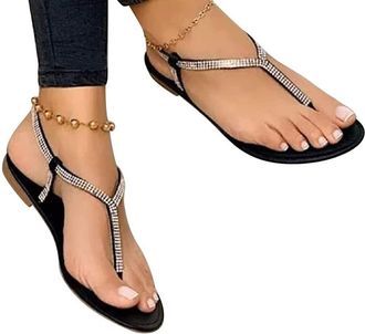 Onsoyours Damen Sandalen mit Riemchen Strass Sparkly Glitzer Zehentrenner Flache T-Riemen Pantoletten Bling Kristall B Schwarz 37 EU