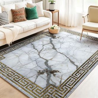 Generic Tapis de Salon Chambre Salle &agrave; Manger Adulte Bureau Design Motif Marbre Minimaliste Poil Court Doux Moelleux 140 x 200 cm, Blanc Or