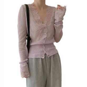 Generic Cardigan vintage en dentelle tricot&eacute;e pour femme, col en V, style cor&eacute;en, Violet, taille unique