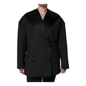 Dolce & Gabbana Schwarzer Zweireihiger Mantel mit Logo - - Jackets - Damen - Schwarzk - L