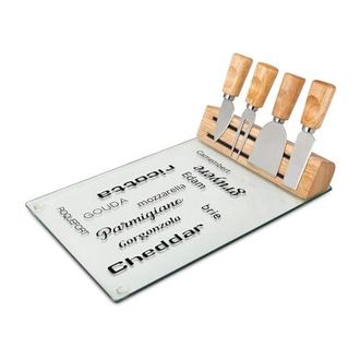 ROMINOX Lot de 5 Accessoires de Fromage faciles dentretien : Plateau en Verre, Corps en Bois avec Support magn&eacute;tique, 4 Couverts &agrave; Fromage, Dimensions : env. 