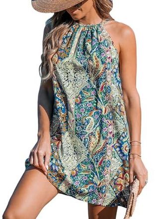 Cupshe Mini robe boh&egrave;me sans manches &agrave; nouer dans le dos nu pour femme, Motif cachemire bleu, Taille S