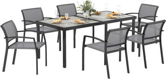 OUTSUNNY Sitzgruppe 7 tlg. Essgruppe f&uuml;r 6 Personen Esstisch mit 6 Stapelbare St&uuml;hle, Esszimmergruppe K&uuml;chentisch-Set mit Stahlgestell Balkonm&ouml;bel Gartenm&ouml;bel