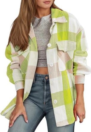 Generic Vestes d&eacute;contract&eacute;es &agrave; carreaux pour femmes, veste chemise &agrave; carreaux confortable, doublure en polaire, v&ecirc;tements dext&eacute;rieur pour lautomne et lhiver, 