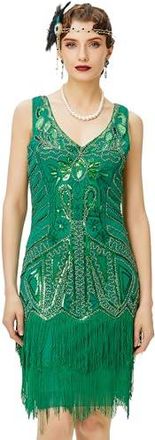 Babeyond Robe à Franges et col en V pour Femme Style 1920 Gatsby Le Magnifique, Vert, Taille S