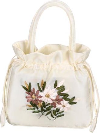 Yarnow Sac Seau Floral pour Femme Petit Sac &agrave; Main &agrave; Cordon de Serrage &Eacute;l&eacute;gant pour Soir&eacute;e et Occasions D&eacute;contract&eacute;es avec Poign&eacute;e Blanche Soie