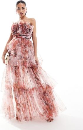 Lace & Beads Robe bandeau longue en tulle imprim&eacute; fleuri - Rouge