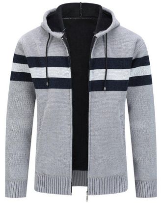 AlltheMen Cardigan mit Kapuze Strickjacke Herren gef&uuml;tterte Winterjacke Kontraststreifen