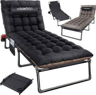 Relaxdays Relaxdays lit de camping pliable, matelas, coussin cervical, support t&eacute;l&eacute;phone, jusqu&agrave; 250 kg, 26&times;190&times;72 cm, noir