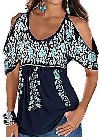 ORANDESIGNE Tee Shirt Femme Col V Oversize T-Shirt Vintage Tunique Chic Ete Manche Courte Épaules Dénudées Ample Top Imprimé Haut Bohème Décontracté Loose Casual 