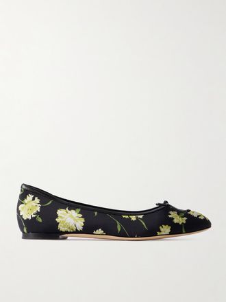 Manolo Blahnik Ballerines En Satin À Imprimé Fleuri, Finitions En Cuir Et Noeuds Verallim 10 - Noir