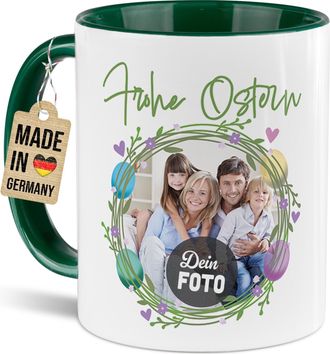Tassendruck Personalisierte Ostertasse mit Foto selbst gestalten - Frohe Ostern - Osterkranz mit Ostereier - Ostergeschenke für Freundin, Kollegin - Keramiktasse,