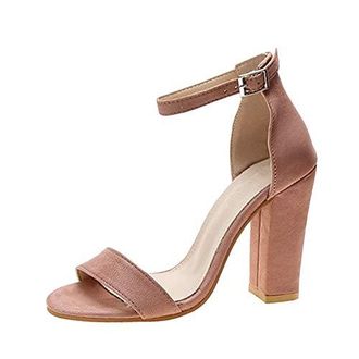 Minetom Femmes Sandale Bout Ouvert Bride Cheville Talons à Boucle Fête Chaussures Talons Hauts Bloc Carré pour Soirée Parties Mariage A Rose 43 EU