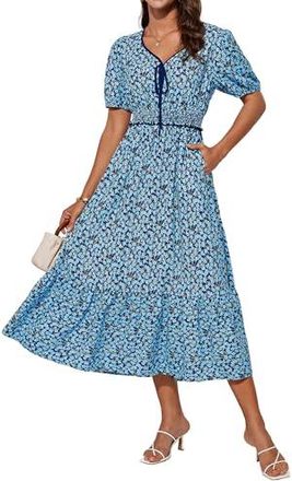 Grace Karin Robe midi élégante pour femme - Manches courtes - Col en V - Taille élastique - Robe dété, bleu, XL